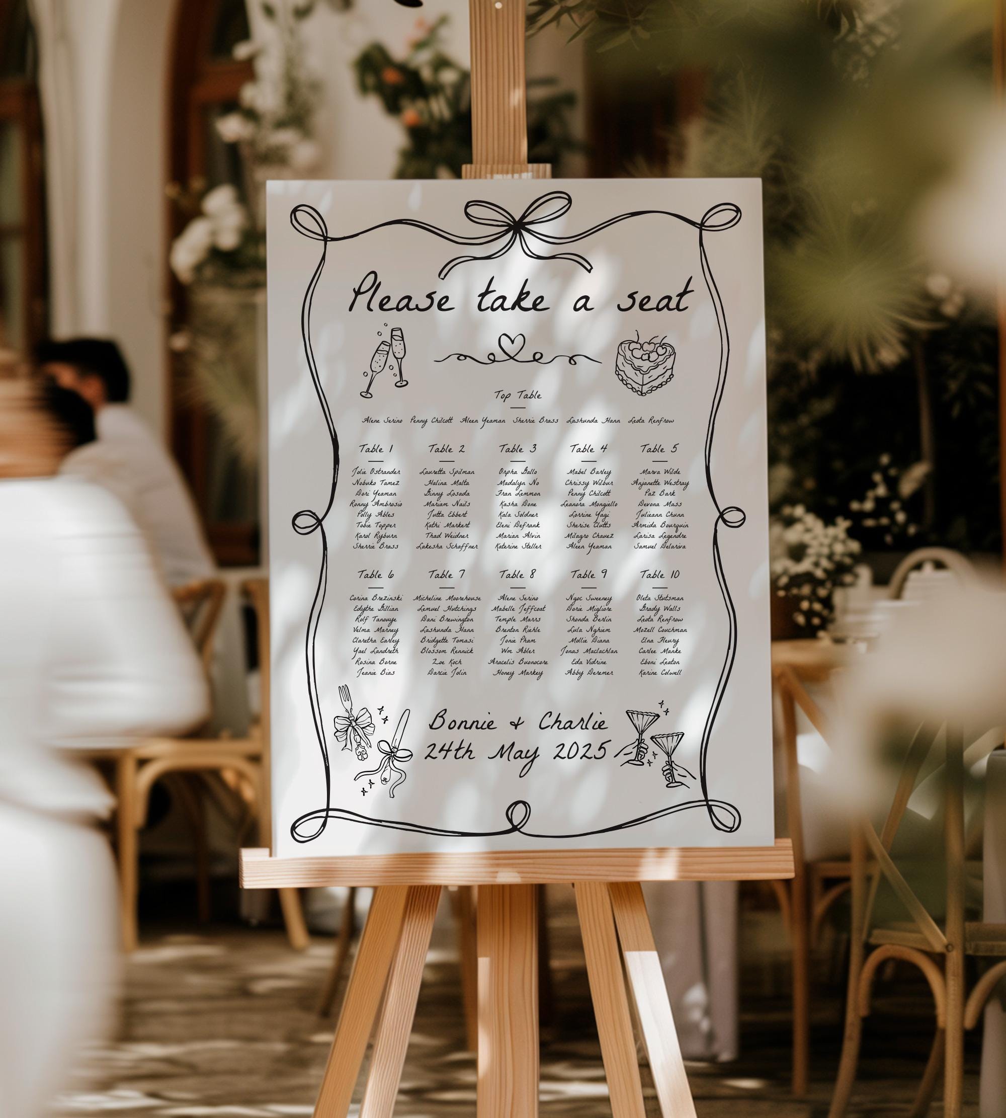 Hand-drawn Wedding Table Plan Sign: Black and White Illustrated Seating ...