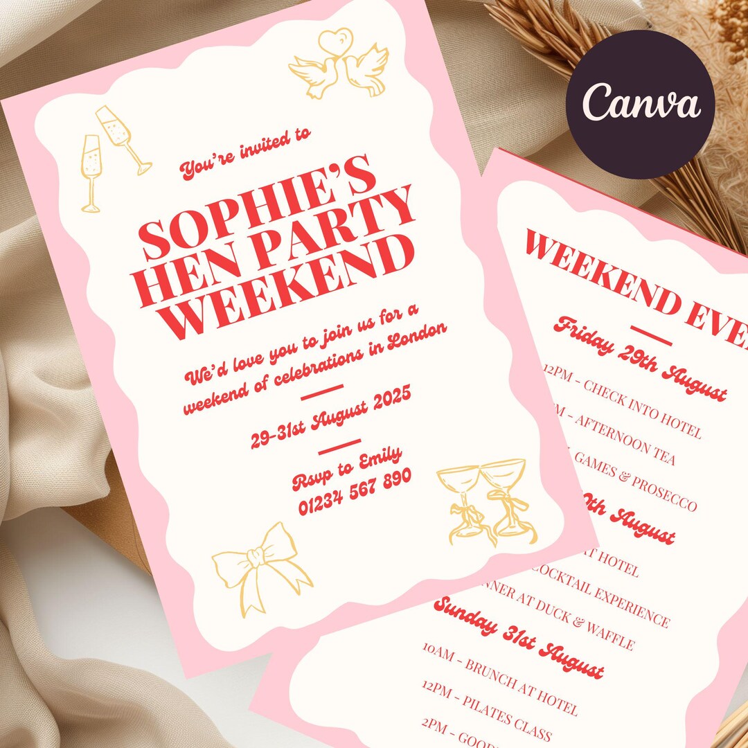 Hen Party Weekend Invite Itinerary, Bachelorette Invitation Template ...