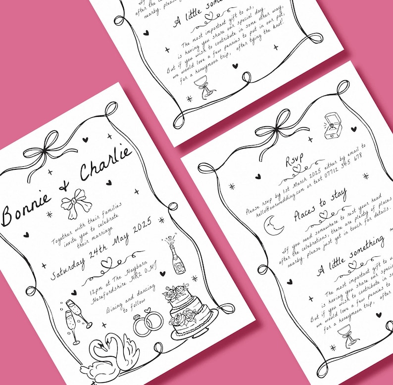 Hand Drawn Wedding Invitation, Printed, Illustrated, Black White ...