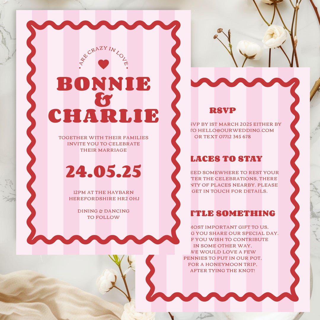 Retro Wavy Stripe Wedding Invitation: Pink & Red (printed or PDF) - Etsy