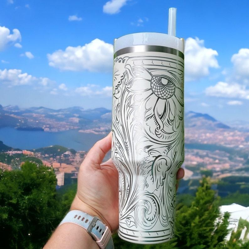 Geometric Engraved Stanley, Tooled Leather Sunflower, Sunflower Scroll ...