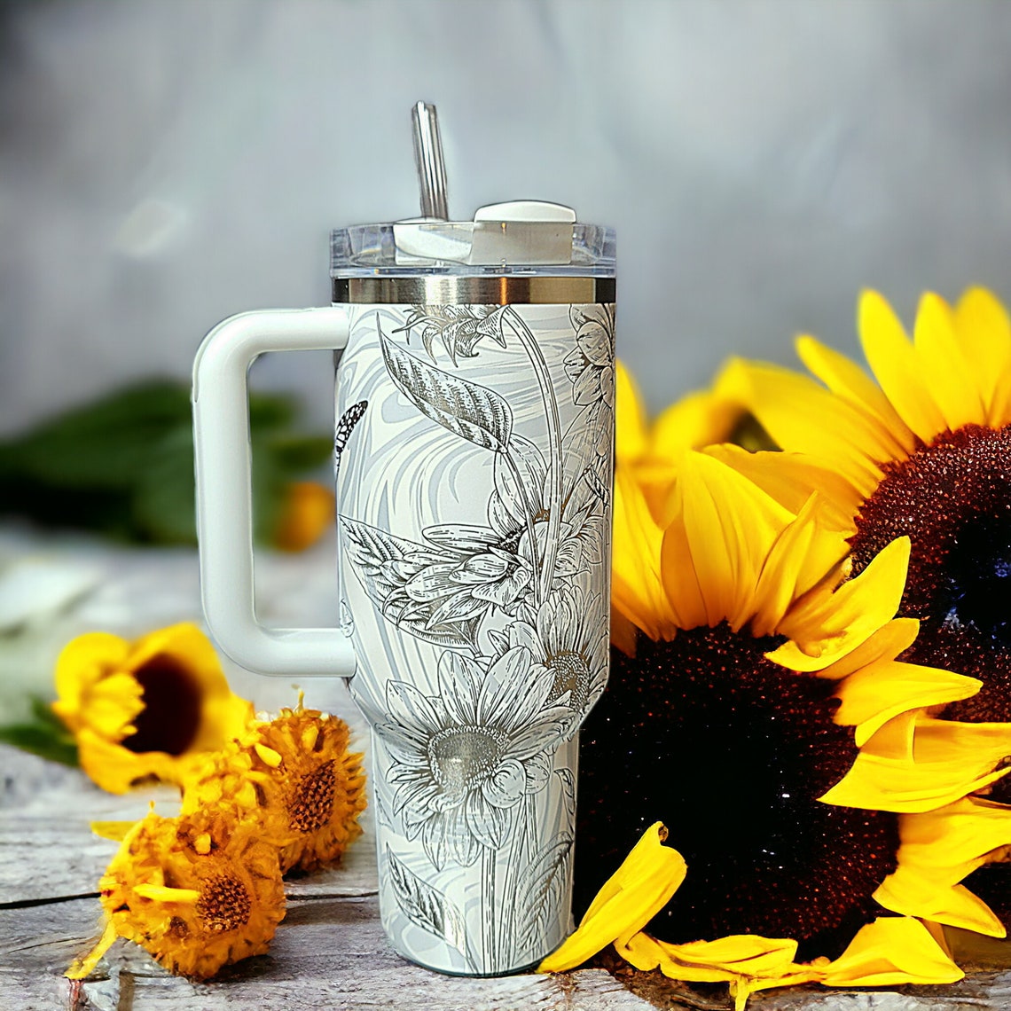 Butterfly Sunflower Stanley, Wildflower Engraved Tumbler, Personalized ...