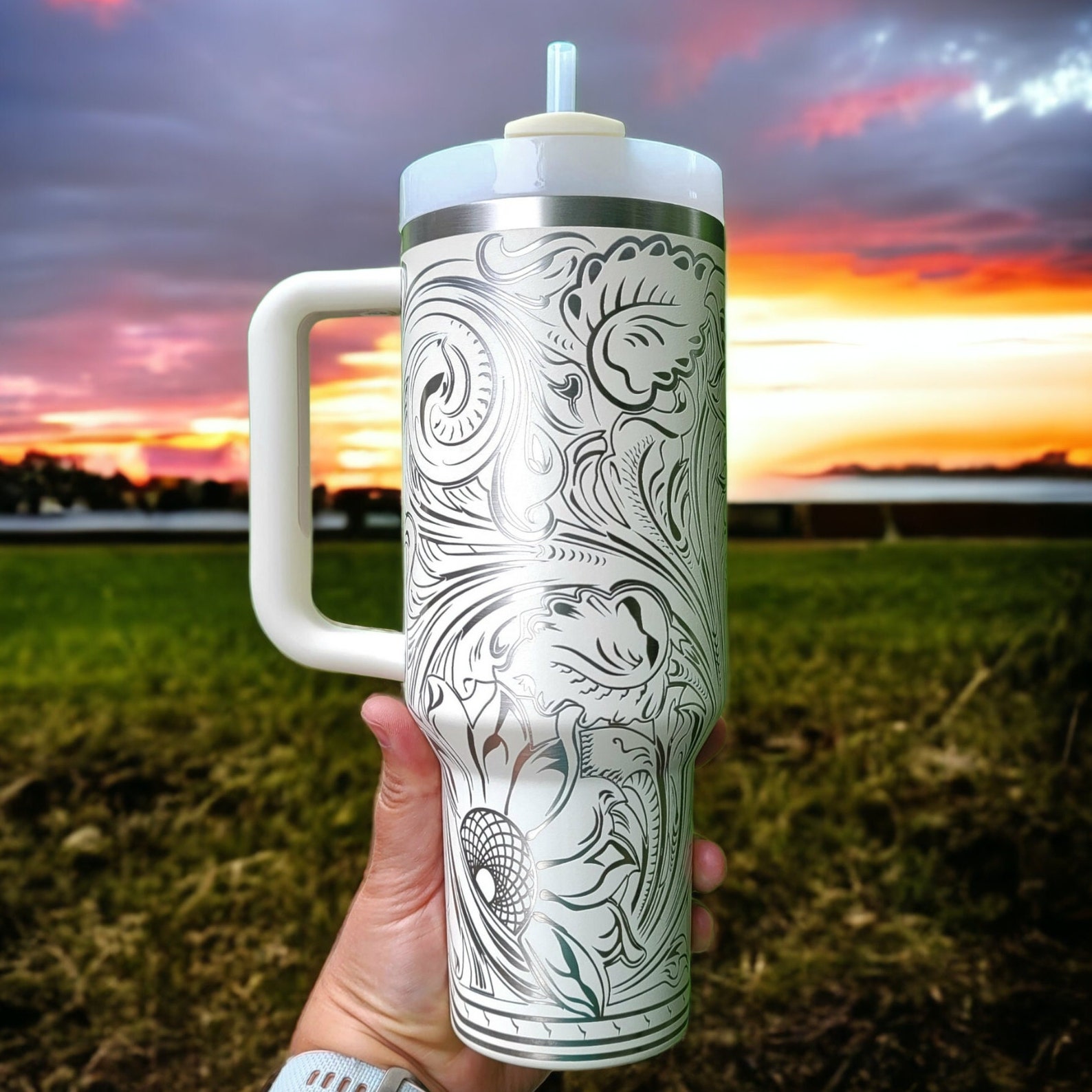 Geometric Engraved Stanley, Tooled Leather Sunflower, Sunflower Scroll ...