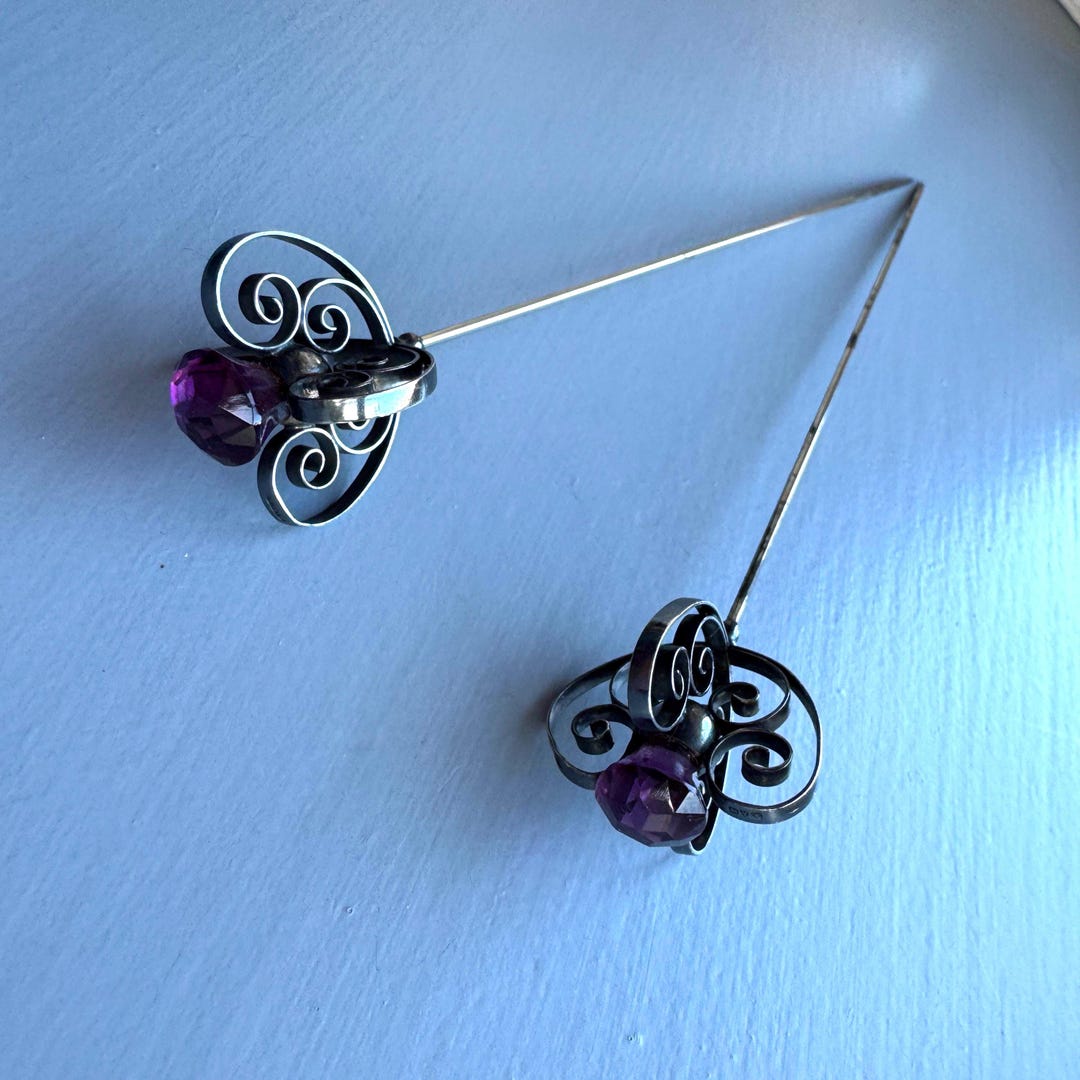 Antique Pair Charles Horner Sterling Silver Hatpins: Amethyst Glass ...