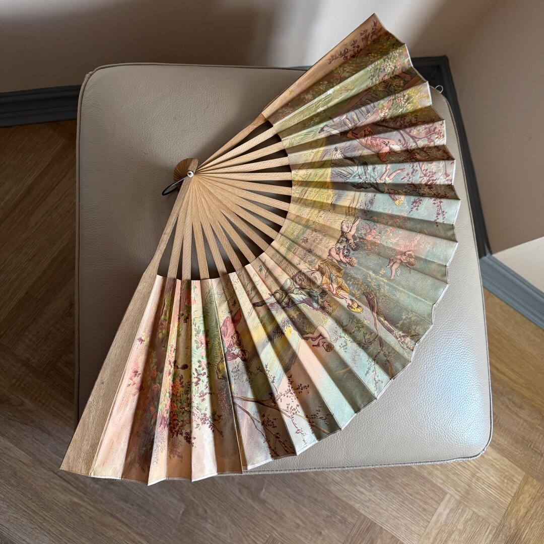Vintage Hand Fan Large Wood Paper Fan Large Hand Fan 1950s Hand Fan ...