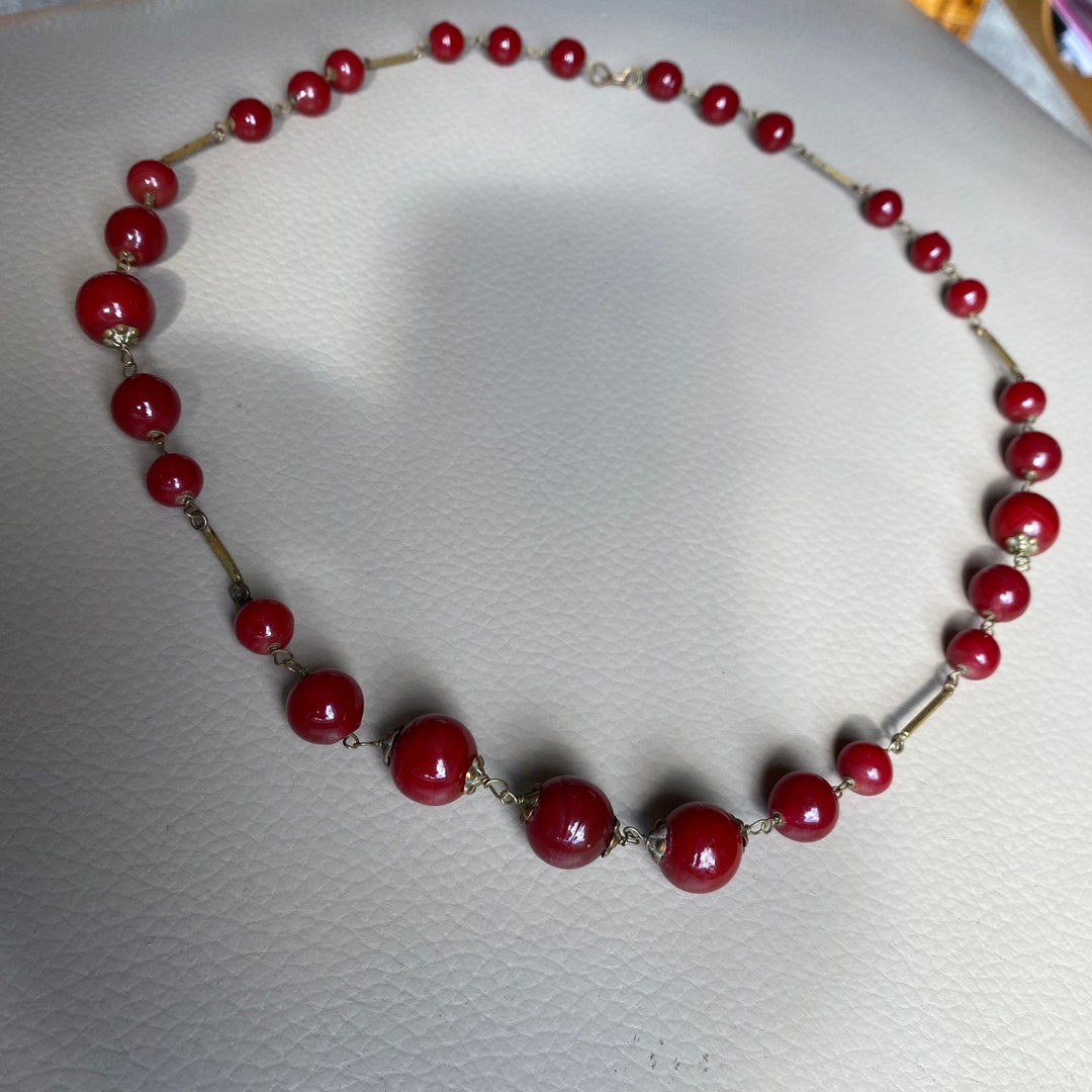 Antique Necklace Vintage Necklace Red Glass Necklace Peking Glass ...