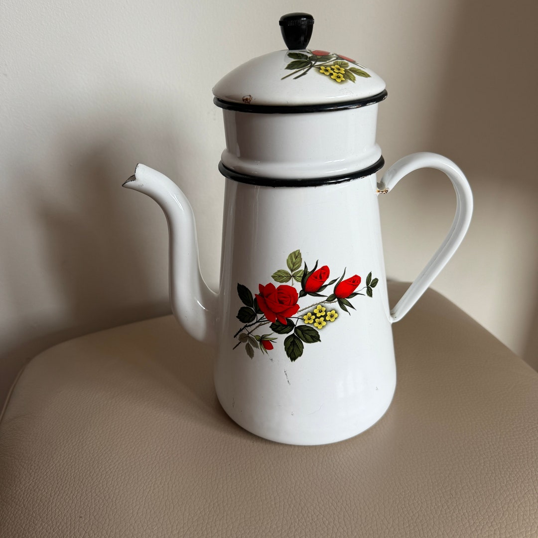 Vintage French Coffee Pot Enamel Coffee Percolator Stove Top Coffee Pot ...