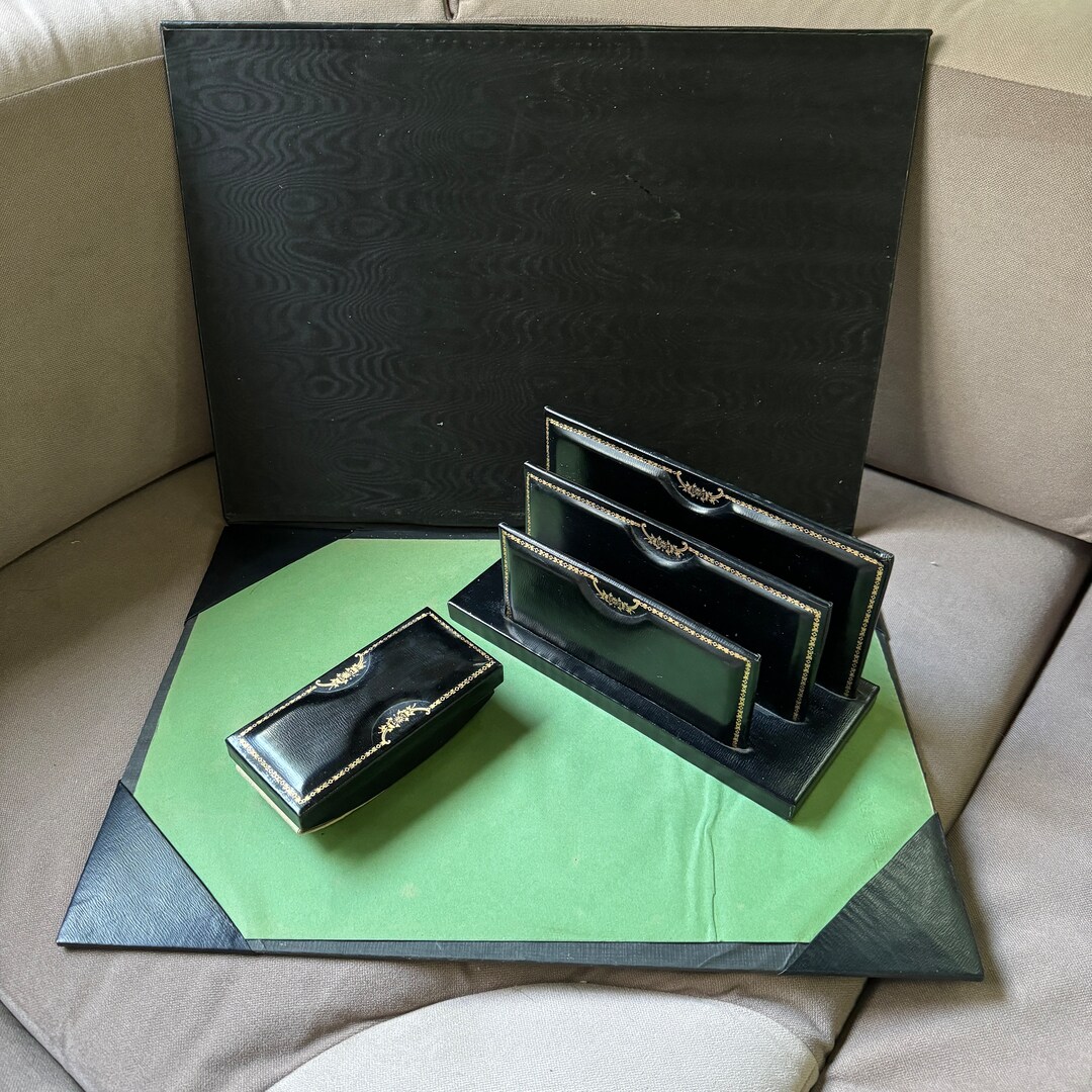 Vintage Desk Set 3 Piece Desk Set French Desk Set Black Leather 24 ...