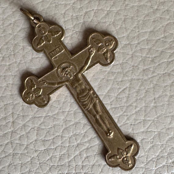 Antique Gilded Brass French Cross Pendant: 1890s Reli… - Gem