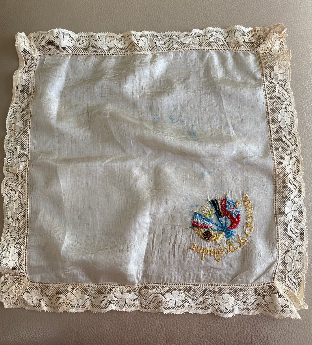 Antique Silk Lace Handkerchief: Edwardian Belgian Souvenir, Embroidered ...