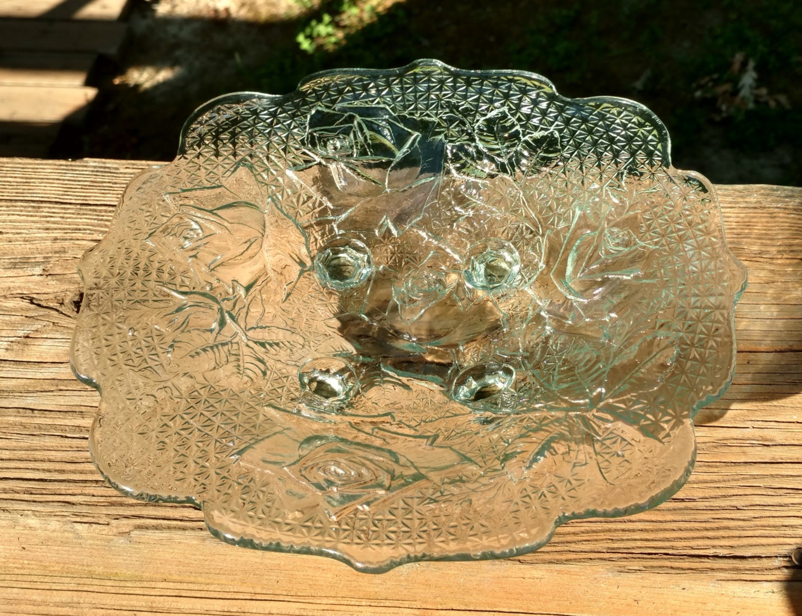 Rose Pattern Depression Glass Footed Shallow Bowl-clear With - Etsy