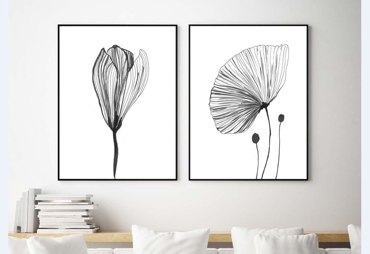 Black and White Prints Set, Ink Drawing Prints, Minimalist Flowers, Ink ...