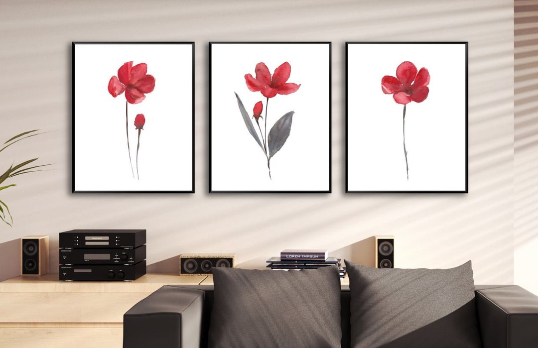 Red Flowers Wall Art Set, Printable Watercolor Red Flowers, Red Flowers ...