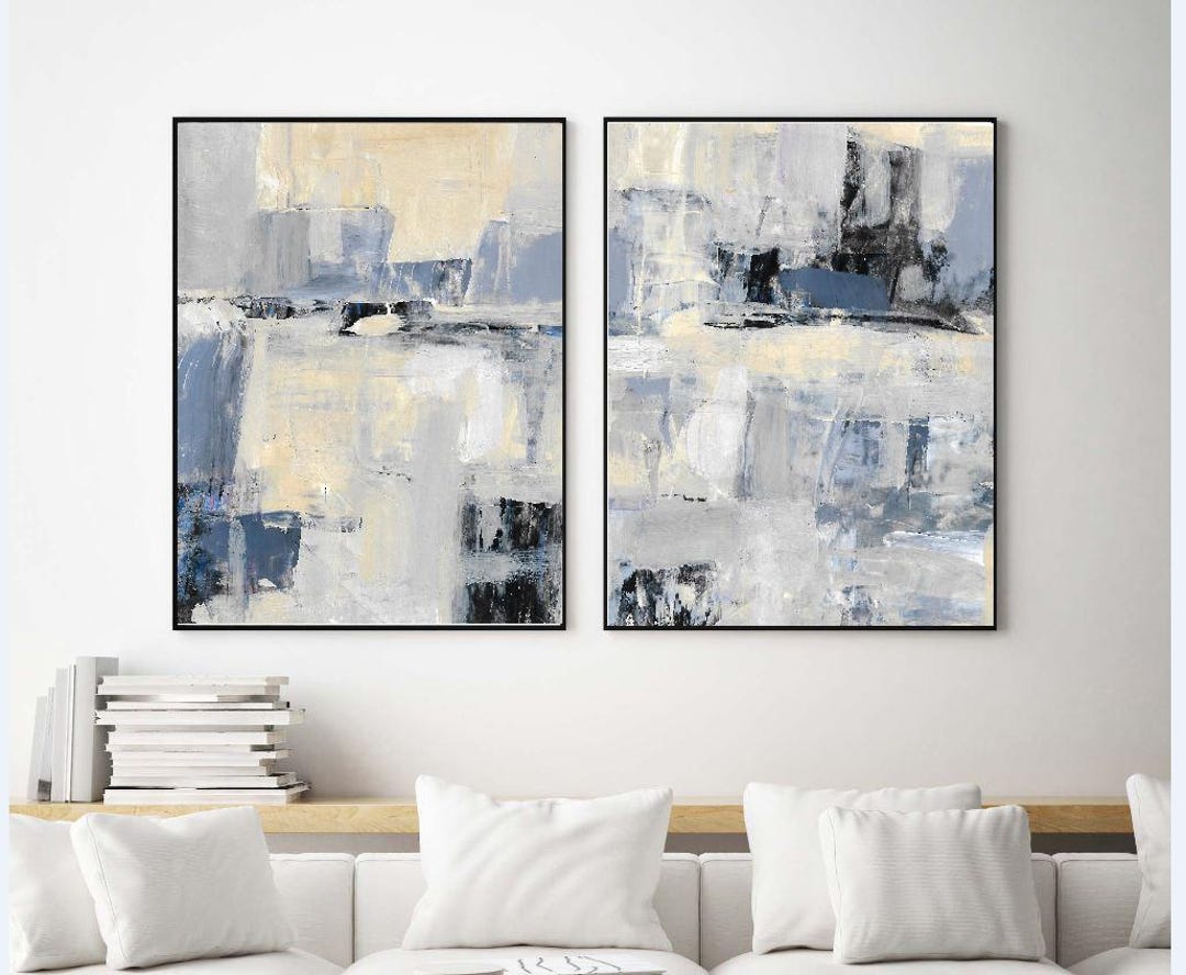 Blue and Gray Abstract Paintings, Modern Neutral Abstract Wall Art Set ...