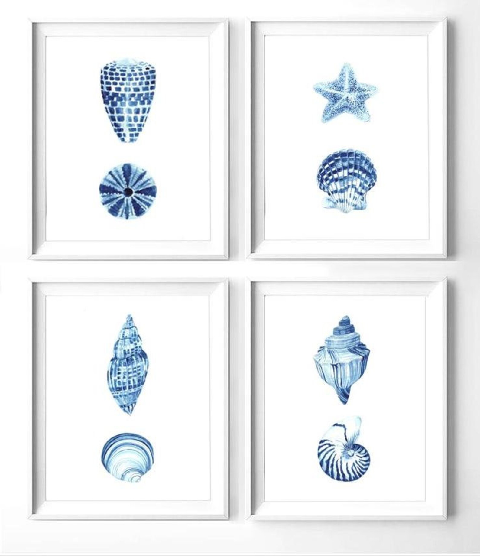 Printable Set of 4 Blue Nautical Prints, Printable Seashell Watercolor ...
