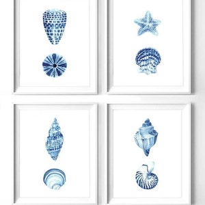 Printable Set of 4 Blue Nautical Prints, Printable Seashell Watercolor ...