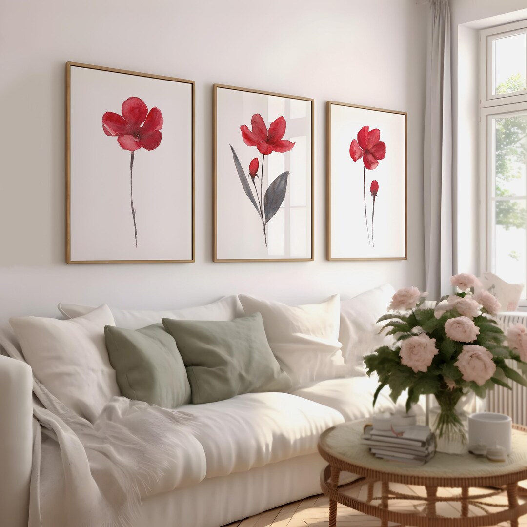 Red Flowers Wall Art Set, Printable Watercolor Red Flowers, Red Flowers ...
