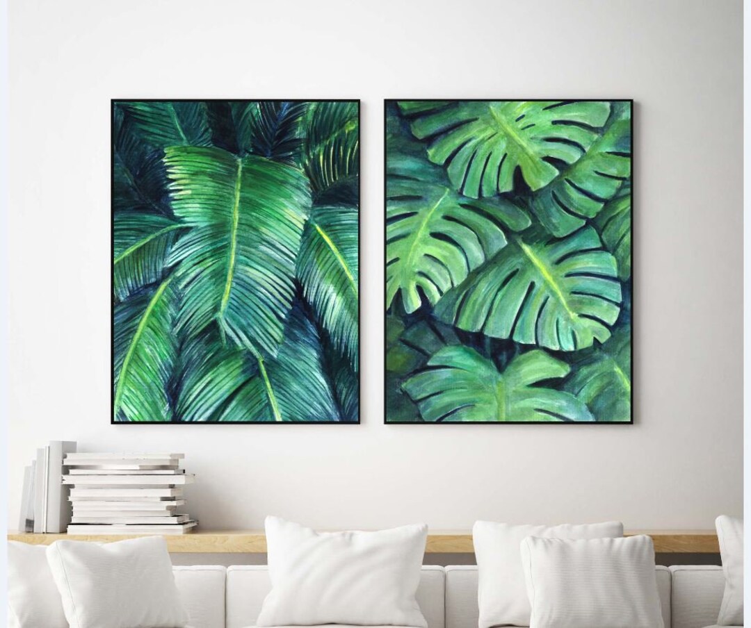 Palm Print Set of Two, Printable Set 2 Watercolor Palm Leaves, Tropical ...