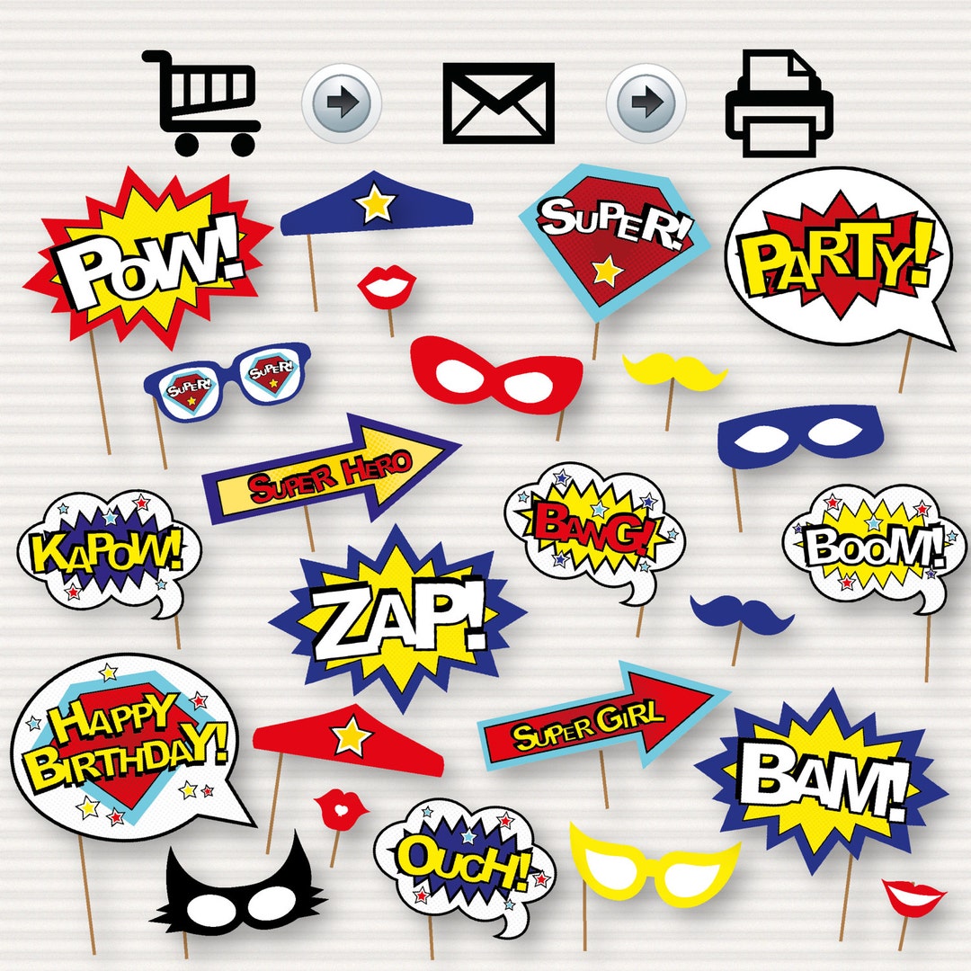 Superhero Photo Booth Printable Props - Superhero Party Decorations ...