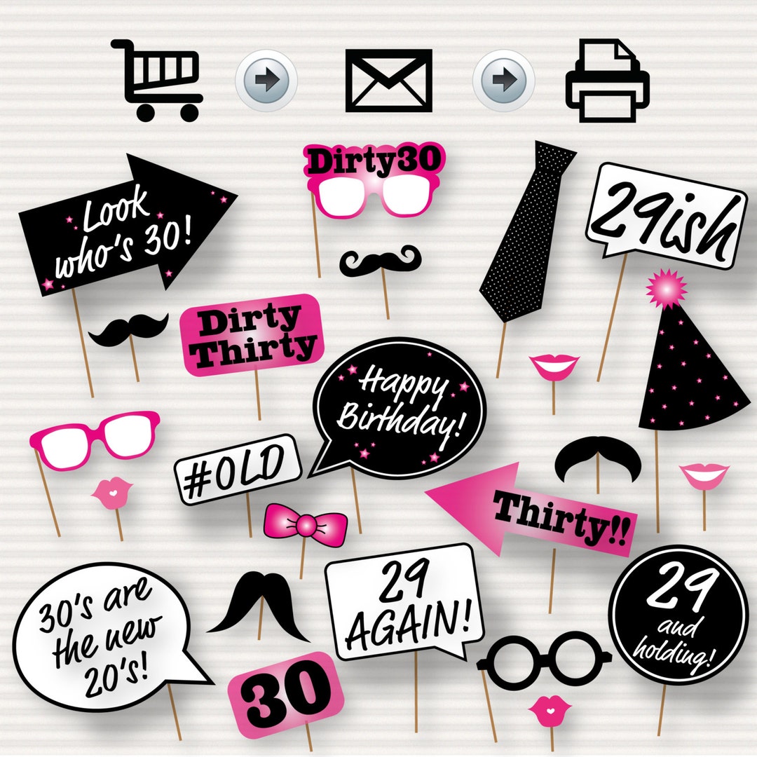 30th Birthday Party Printable Photo Booth Props Pink - Glasses, Hats ...