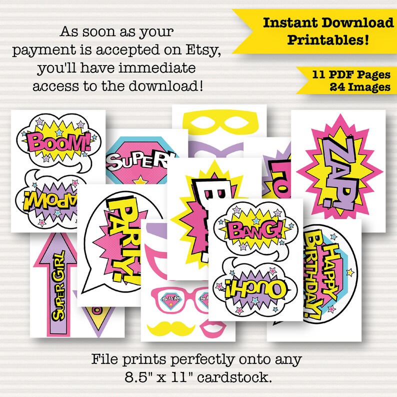 Superhero Photo Booth Printable Props Superhero Party | Etsy