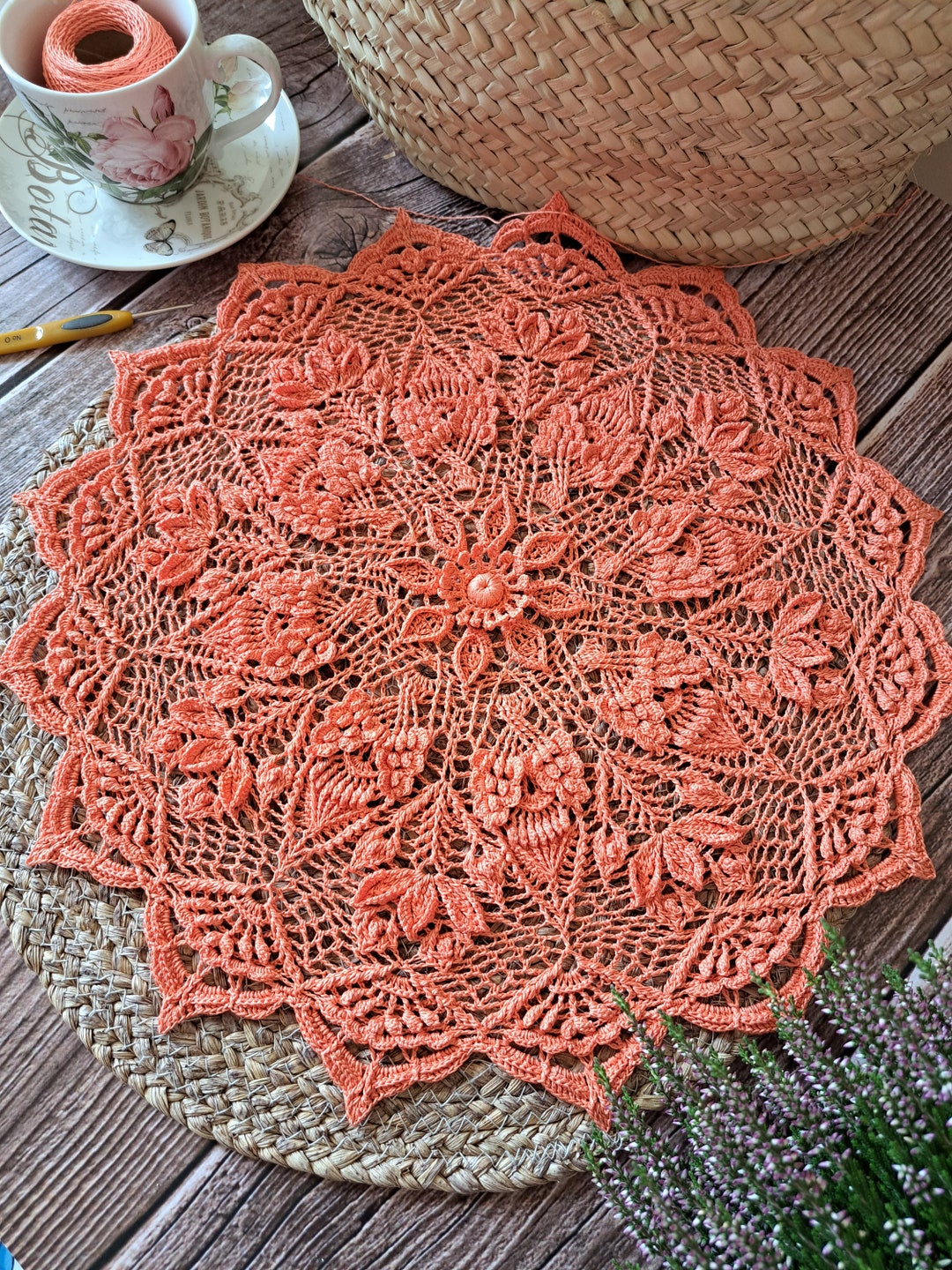 Textured Doily. Light Orange Doily 15.7". Handmade Crochet Doily ...