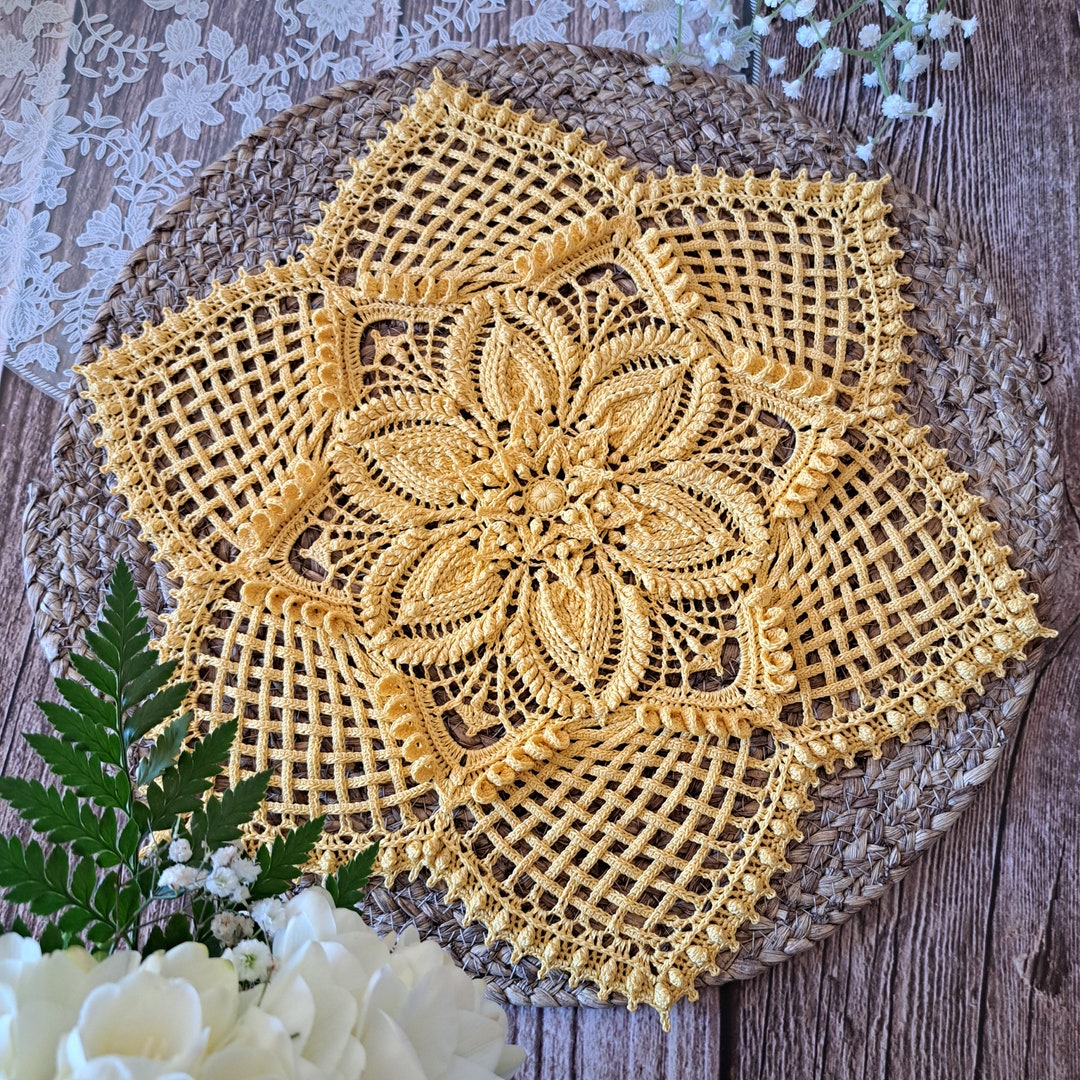 Textured Doily. Yellow Doily 14.6. Handmade Crochet Doily. Tablecloth ...