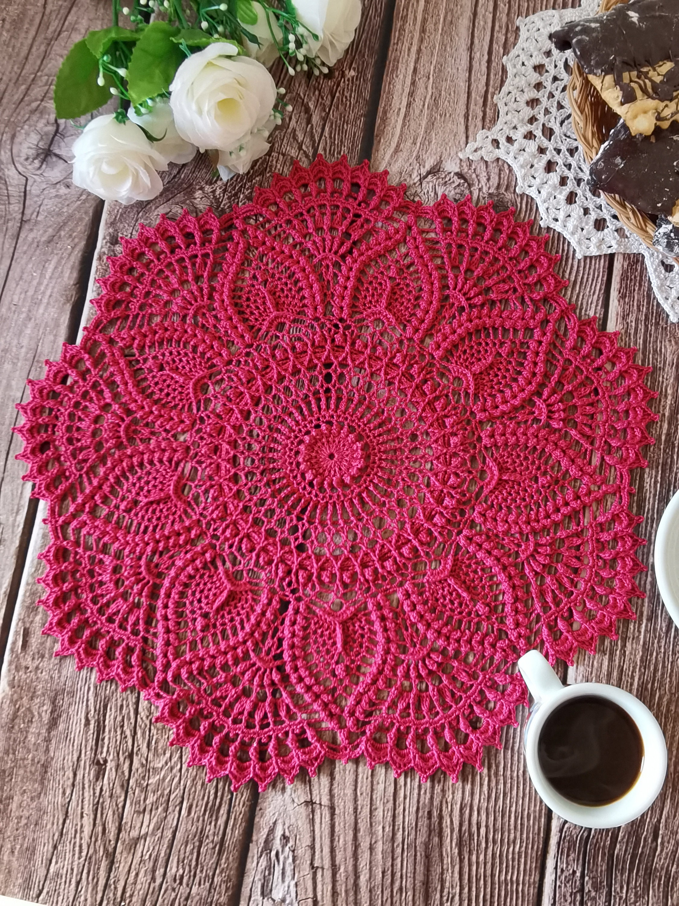 Textured doily. Cherry doily 13.8. Handmade crochet | Etsy