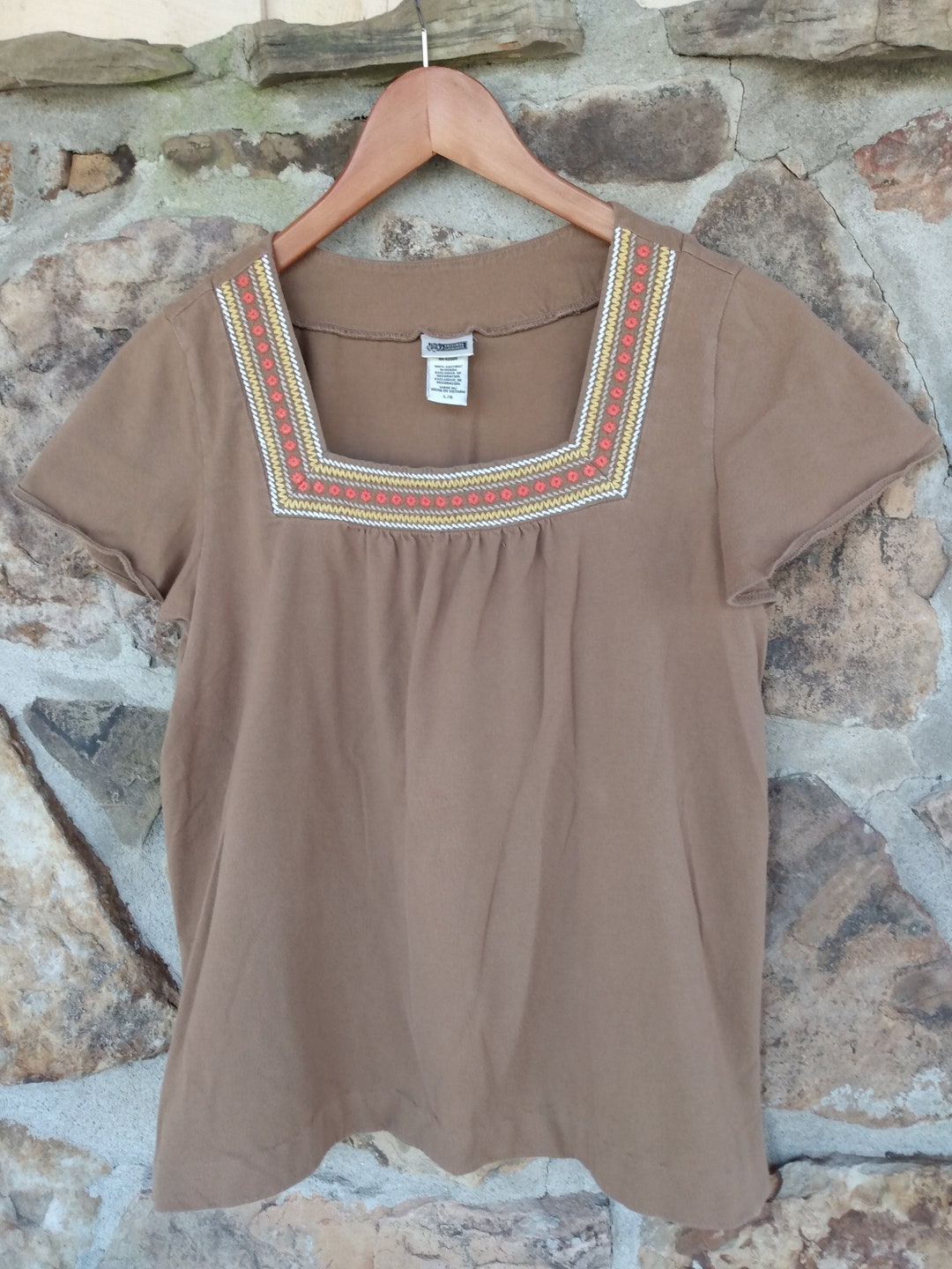90s Boho Peasant Top: Tan Stitched Neckline, Large - Etsy
