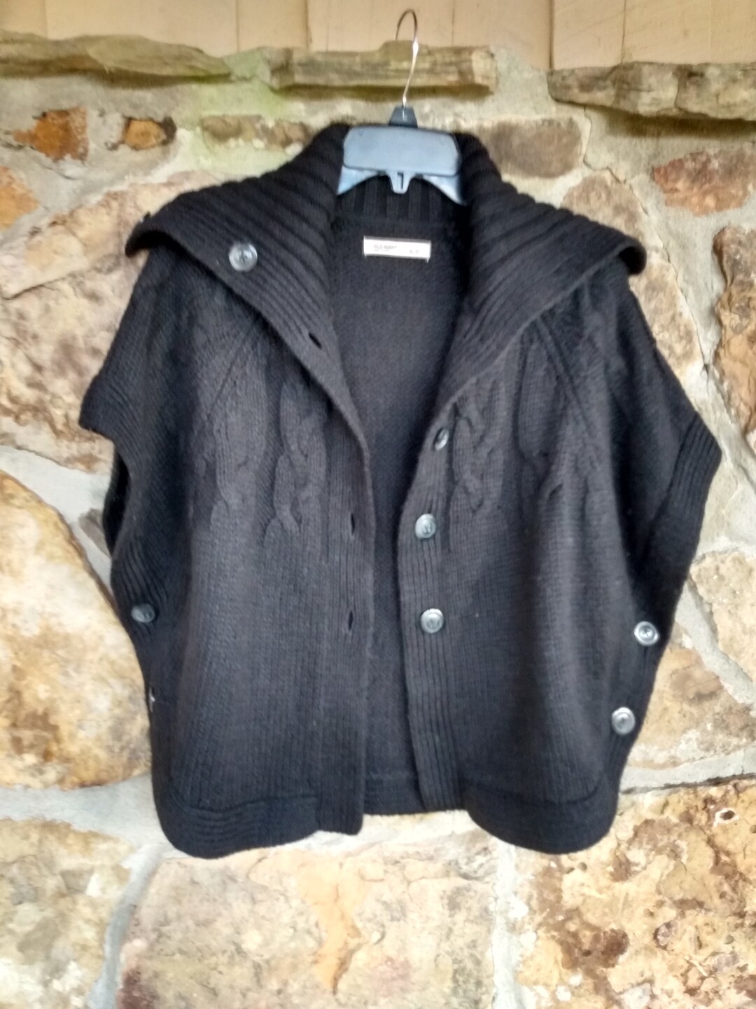 90s Black Batwing Sweater Small Cardigan Wool Blend Cape Cowl Collar ...