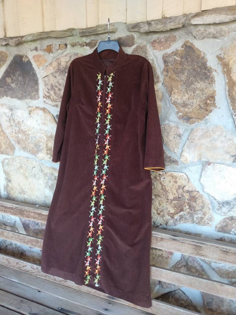 Vintage 70s Embroidered Flannel Robe Medium Brown Zip Front FREE ...