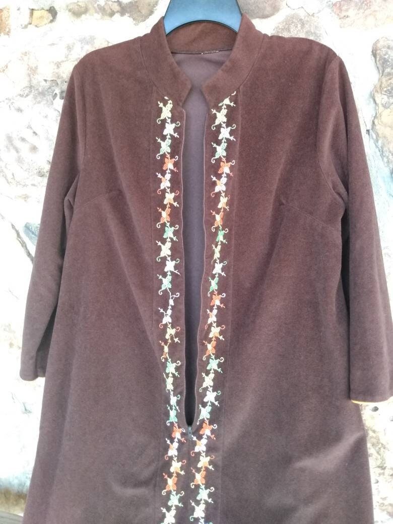 Vintage 70s Embroidered Flannel Robe Medium Brown Zip Front FREE ...