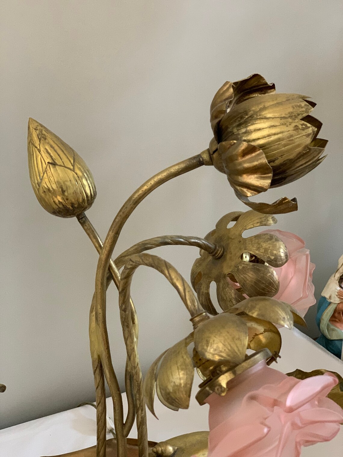 Carole Stupell Brass Figural Art Nouveau Lotus Table Lamp Chinoiserie ...
