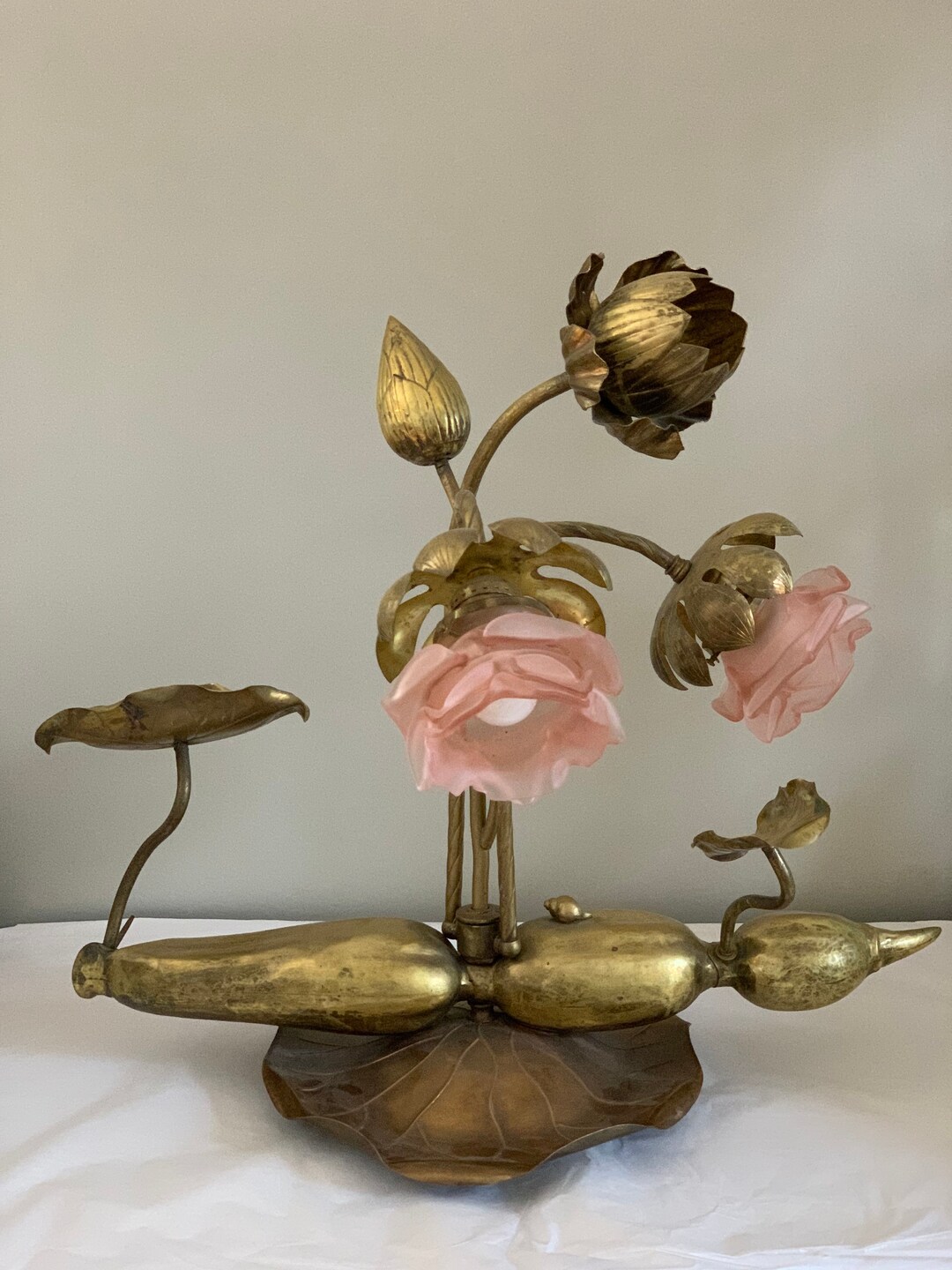 Carole Stupell Brass Figural Art Nouveau Lotus Table Lamp Chinoiserie ...