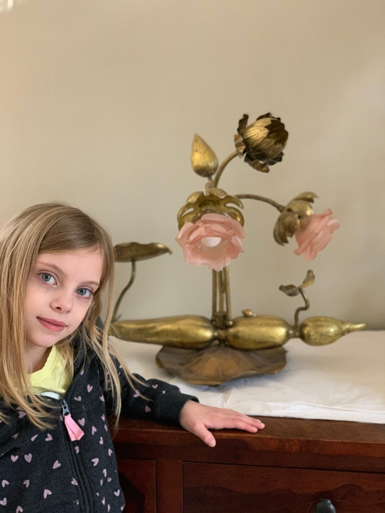 Carole Stupell Brass Figural Art Nouveau Lotus Table Lamp Chinoiserie ...