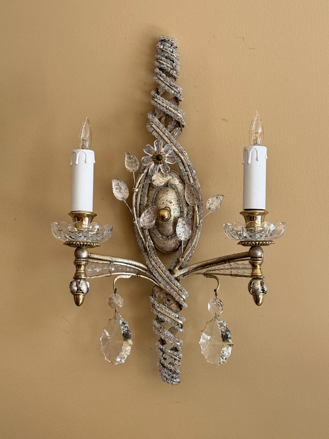 PAIR French Crystal Beaded Iron Helix Wall Sconce Sconces Mason Bagues ...