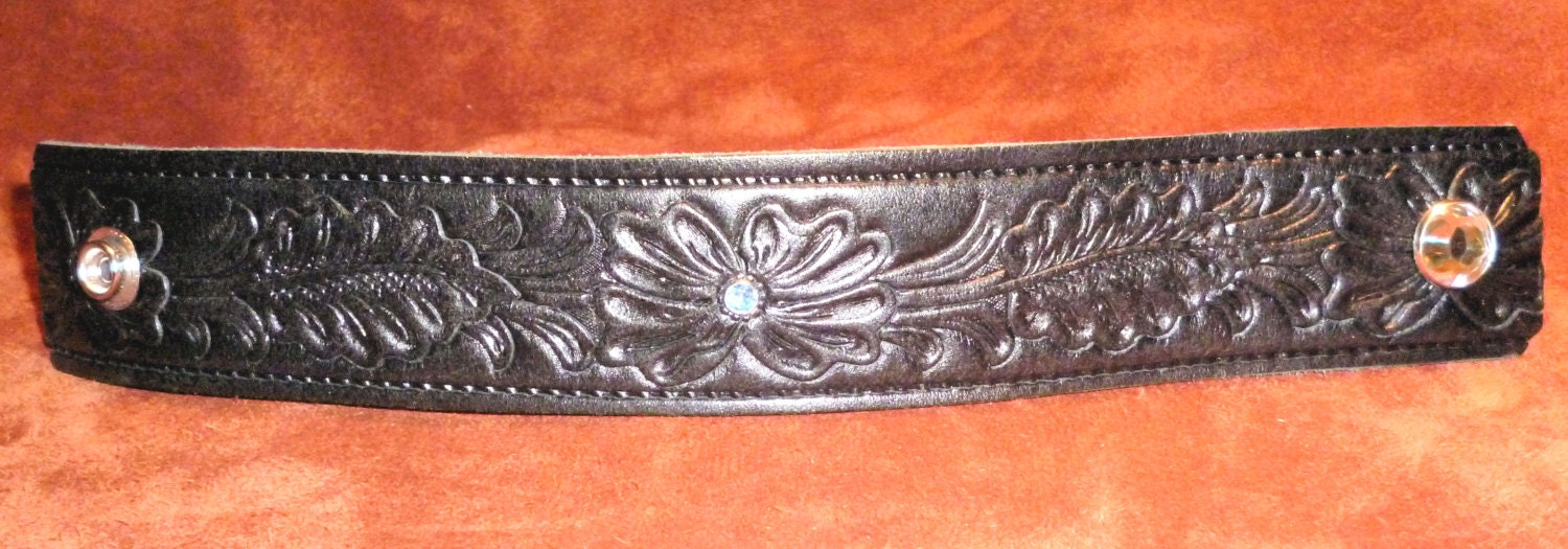 Leather Wrist Cuff Bracelet. Flower Pattern Crystal Accent Wide Leather ...