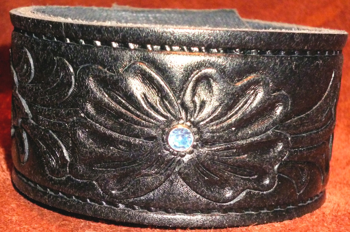 Leather Wrist Cuff Bracelet. Flower Pattern Crystal Accent Wide Leather ...