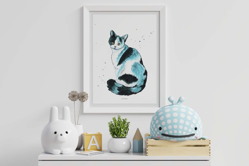 Blue Cat Print Kitty Wall Art Halloween Art Watercolor | Etsy