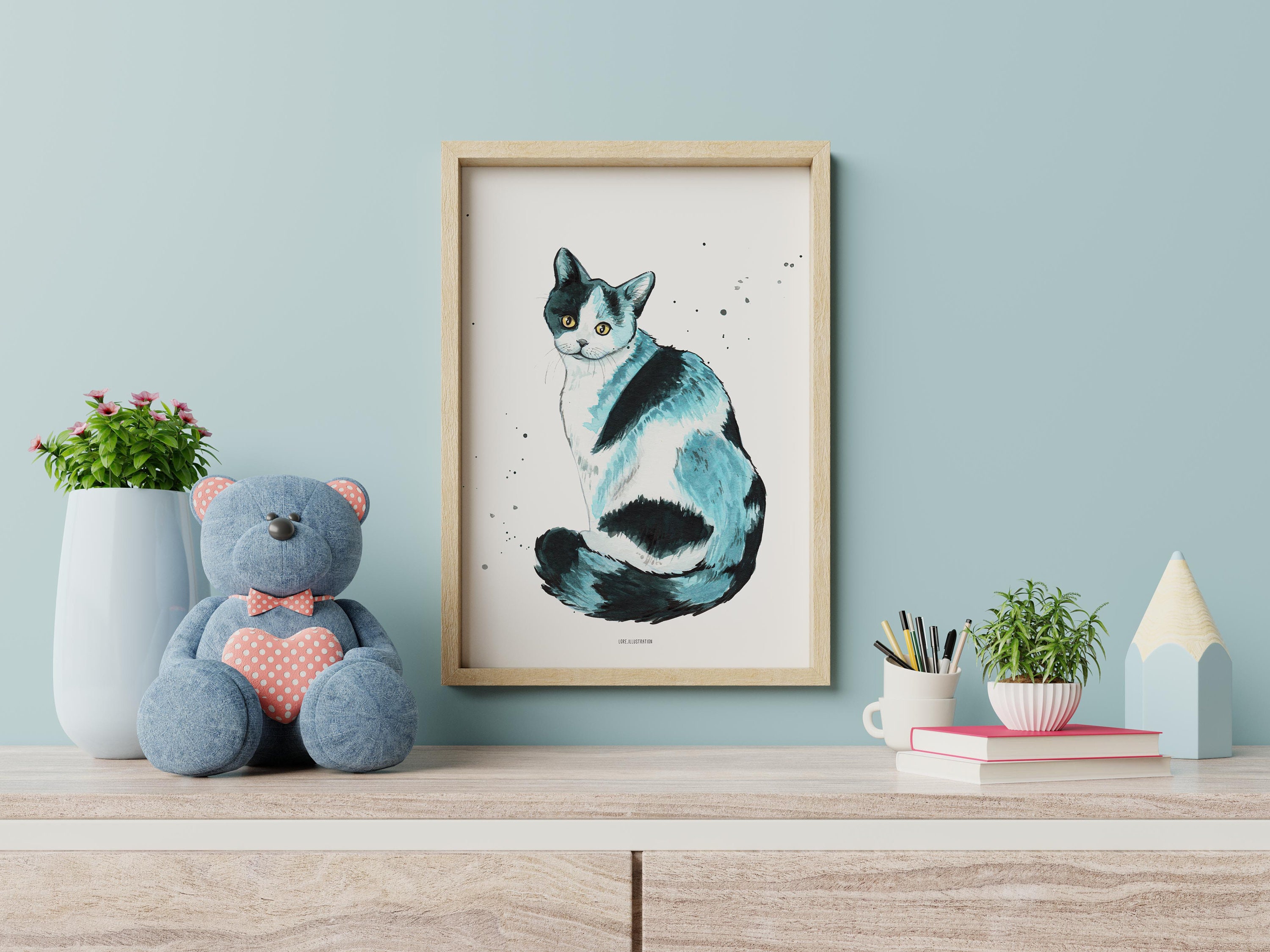 Blue Cat Print Kitty Wall Art Halloween Art Watercolor | Etsy