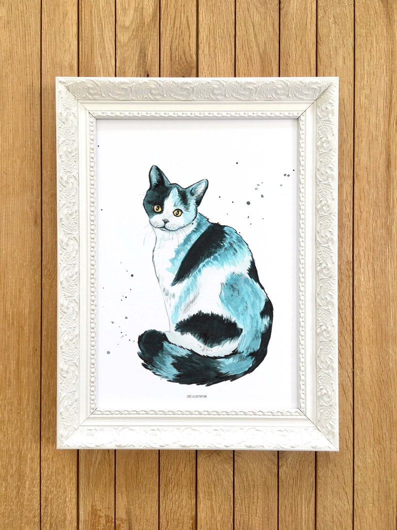 Blue Cat Print Kitty Wall Art Halloween Art Watercolor | Etsy