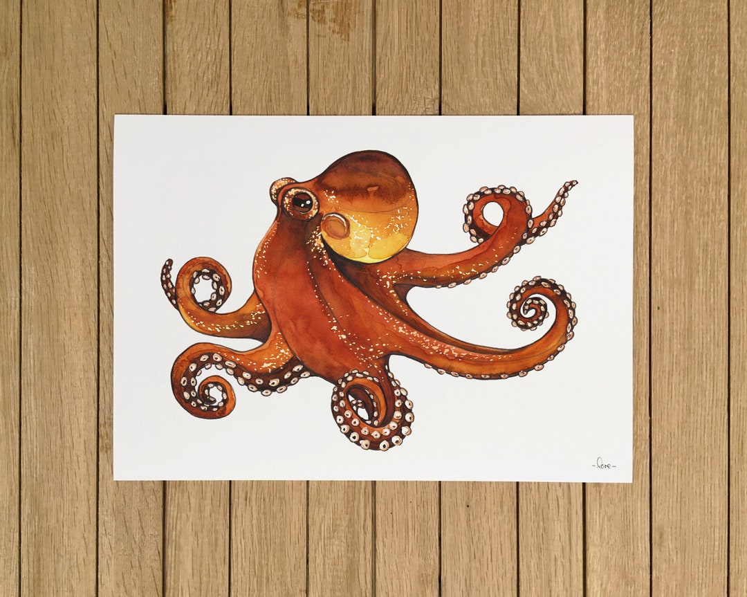 Red Octopus, Octopus, Ocean, Print, Watercolor, Giclee Illustration ...