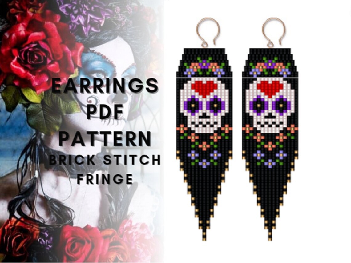 Flower Sugar Skull Seed Bead Earring Pattern, Halloween Earring, Brick ...