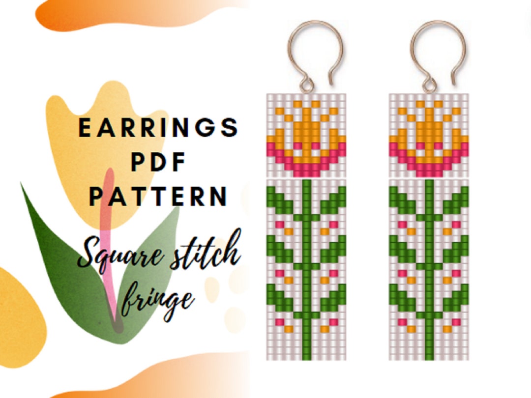 Square Stitch Earring Pattern, Folk Flowers, Seed Bead Pattern, Bead Weaving Fringe Earrings ...