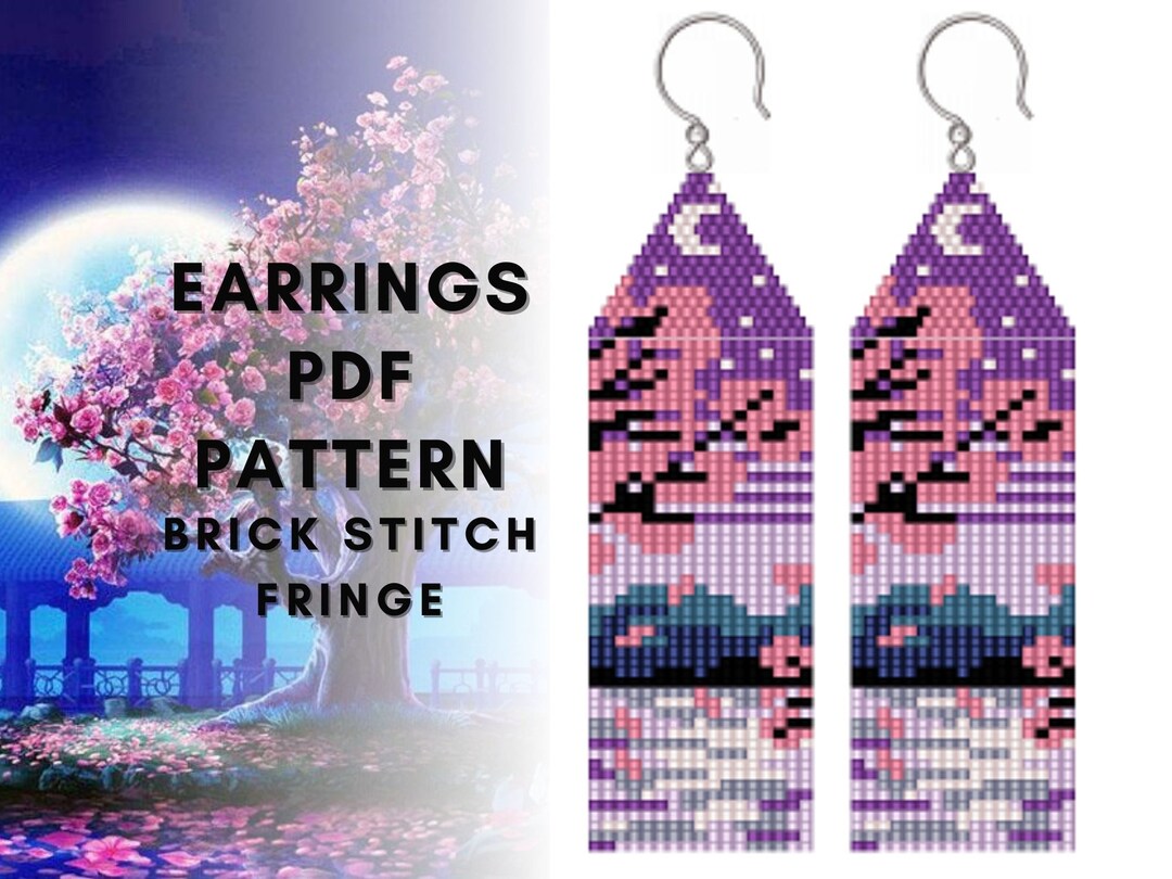 Brick Stitch Fringe Earring Pattern Moonlight Tree, Night Sky, Nature ...