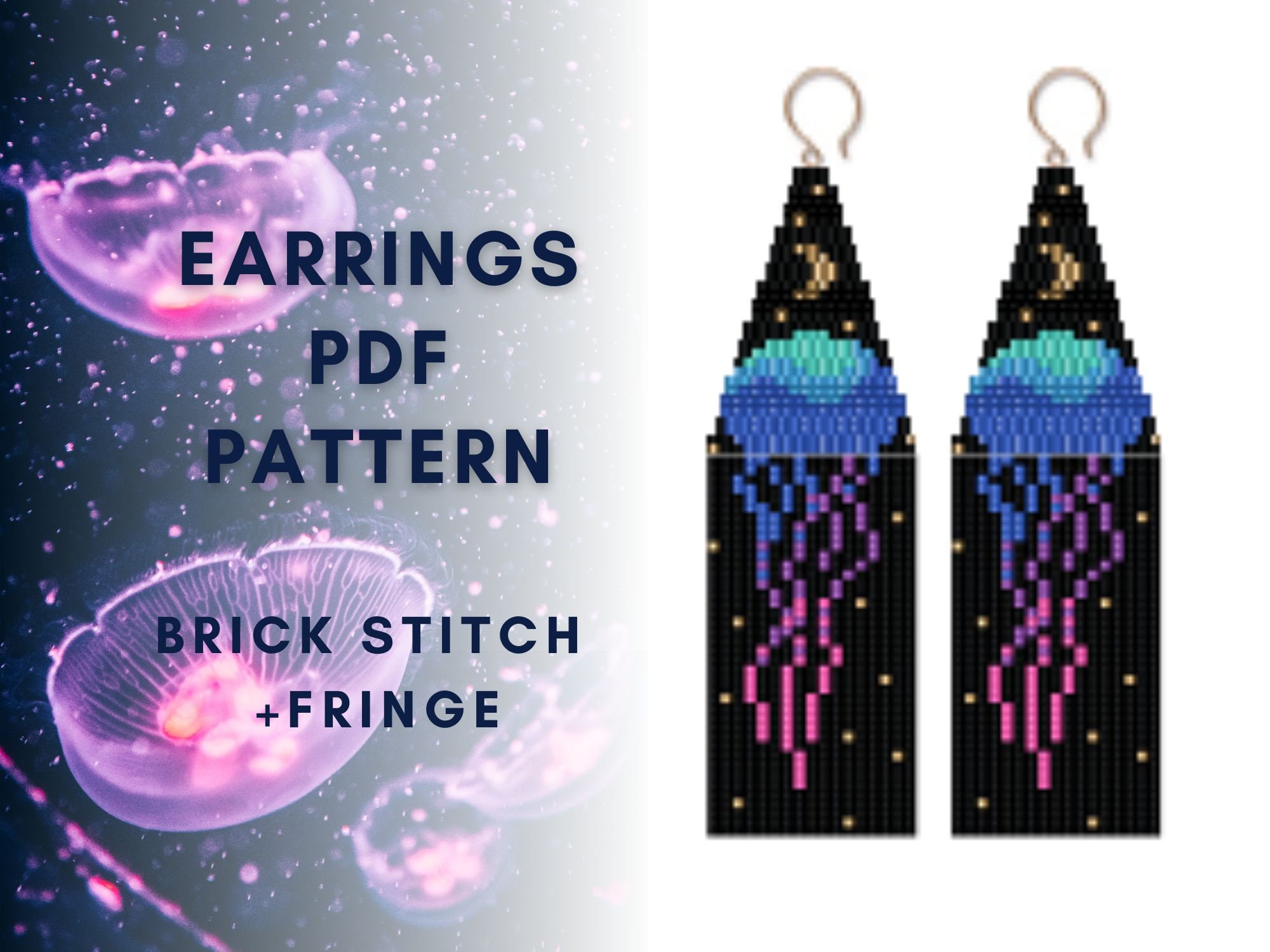 Jellyfish Seed Bead Earring Pattern, Crescent Moon, Beaded Fringe ...