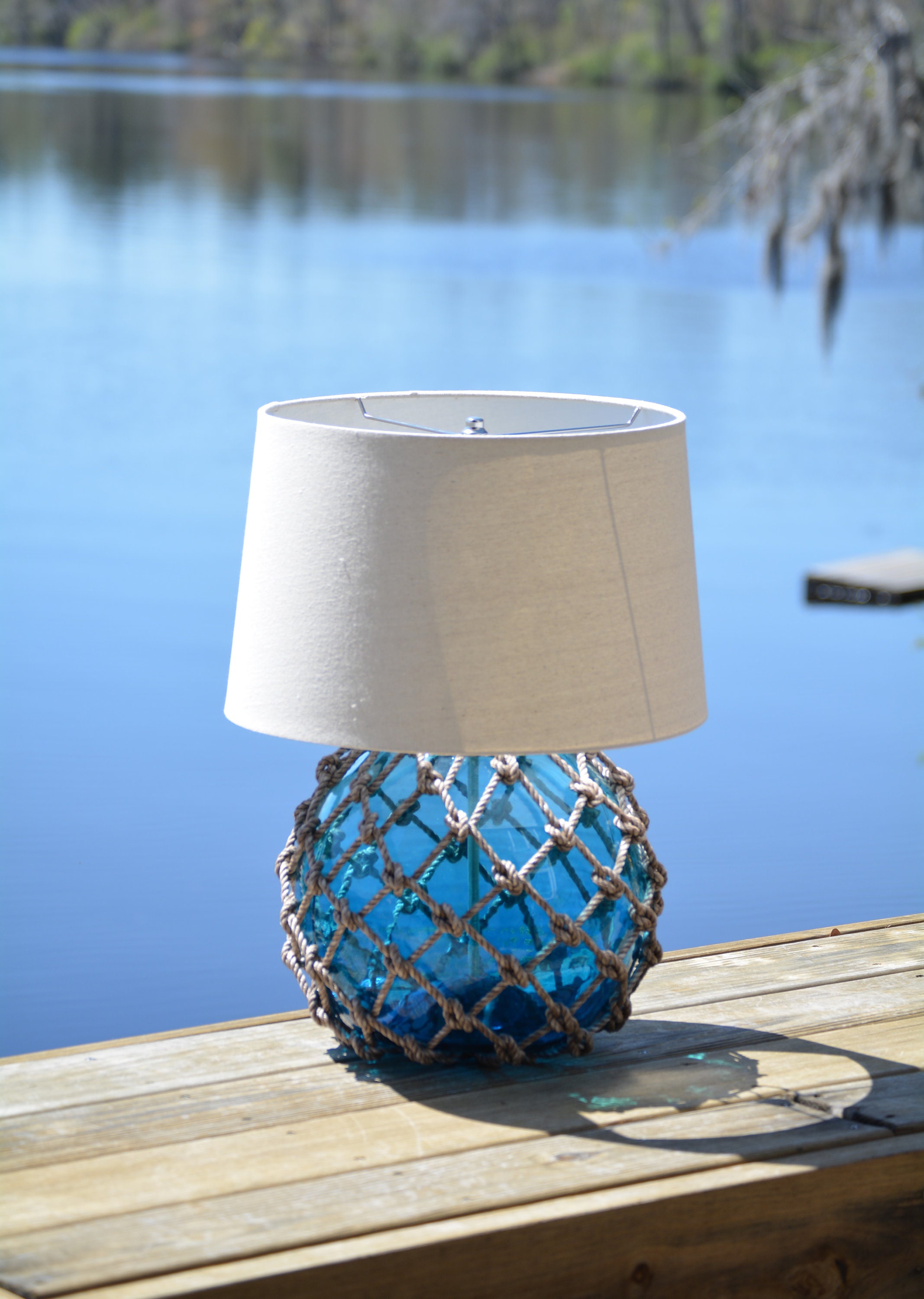 Large Aqua Fishing Float Lamp With Tan Lamp Shade | Etsy