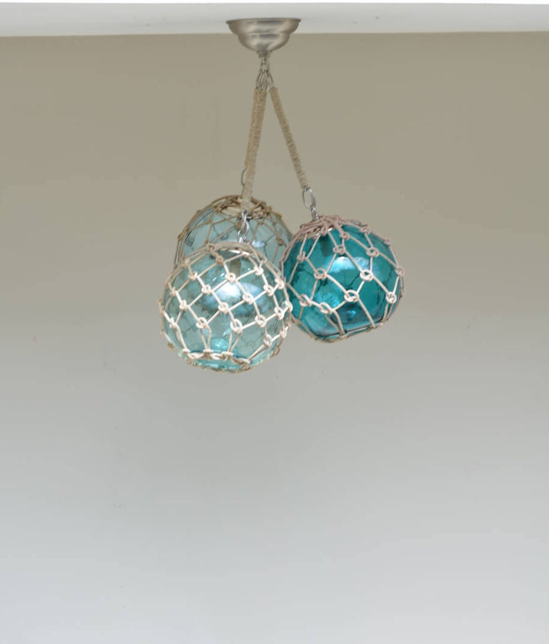 Glass Fishing Float Cluster Pendant Light, With 3 Floats and Rope ...