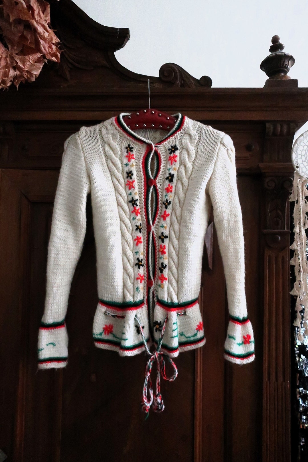Vintage Austrian Trachten Wool Knit Cardigan Sweater Ivory White With ...