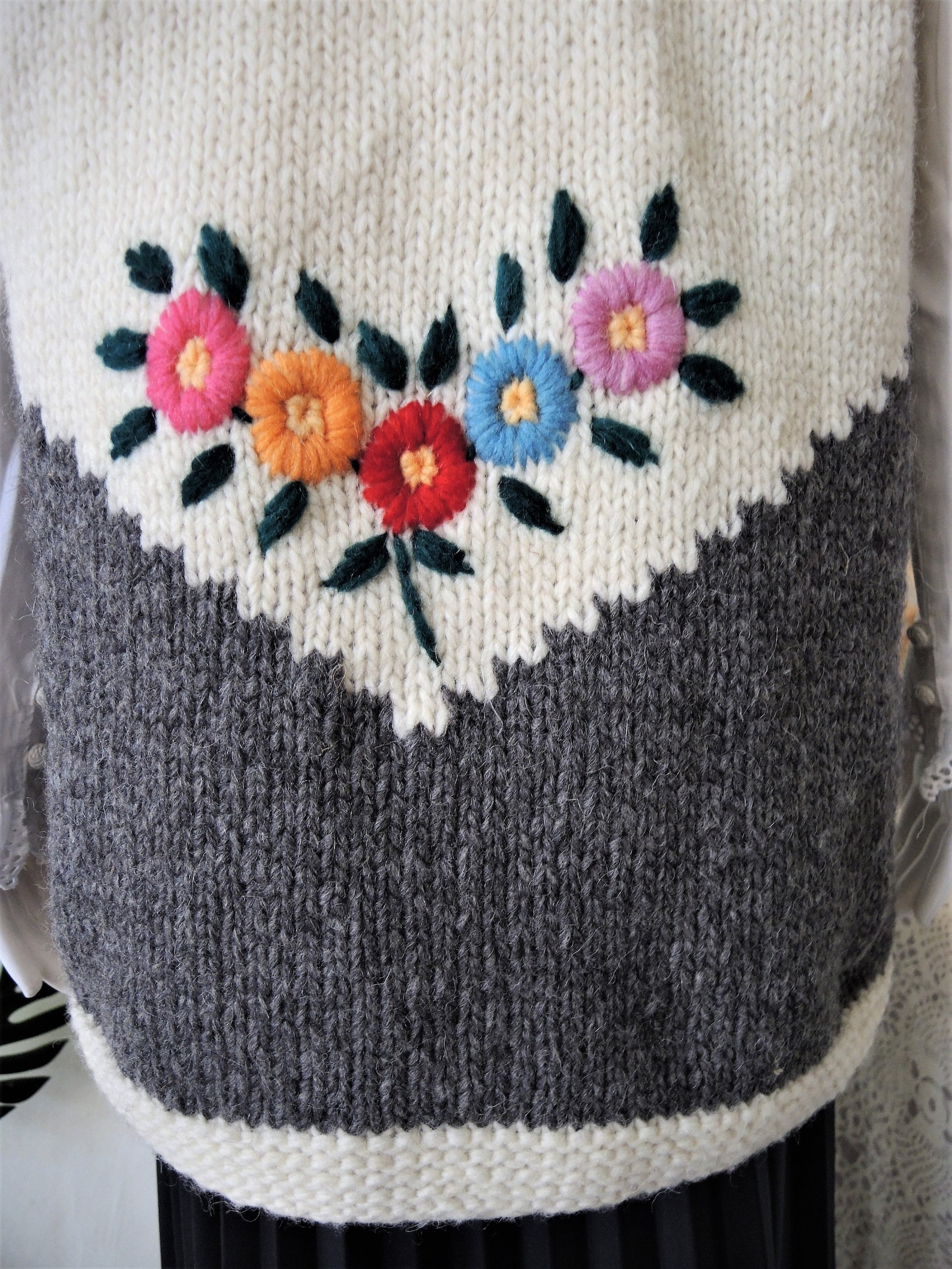Vintage Handmade Chunky Wool Knit Folklore Vest With Floral Embroidery ...